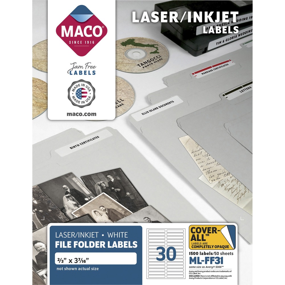 Maco Assorted Laser/Inkjet File Folder Labels - 43/64" Width x 3 7/16 ...