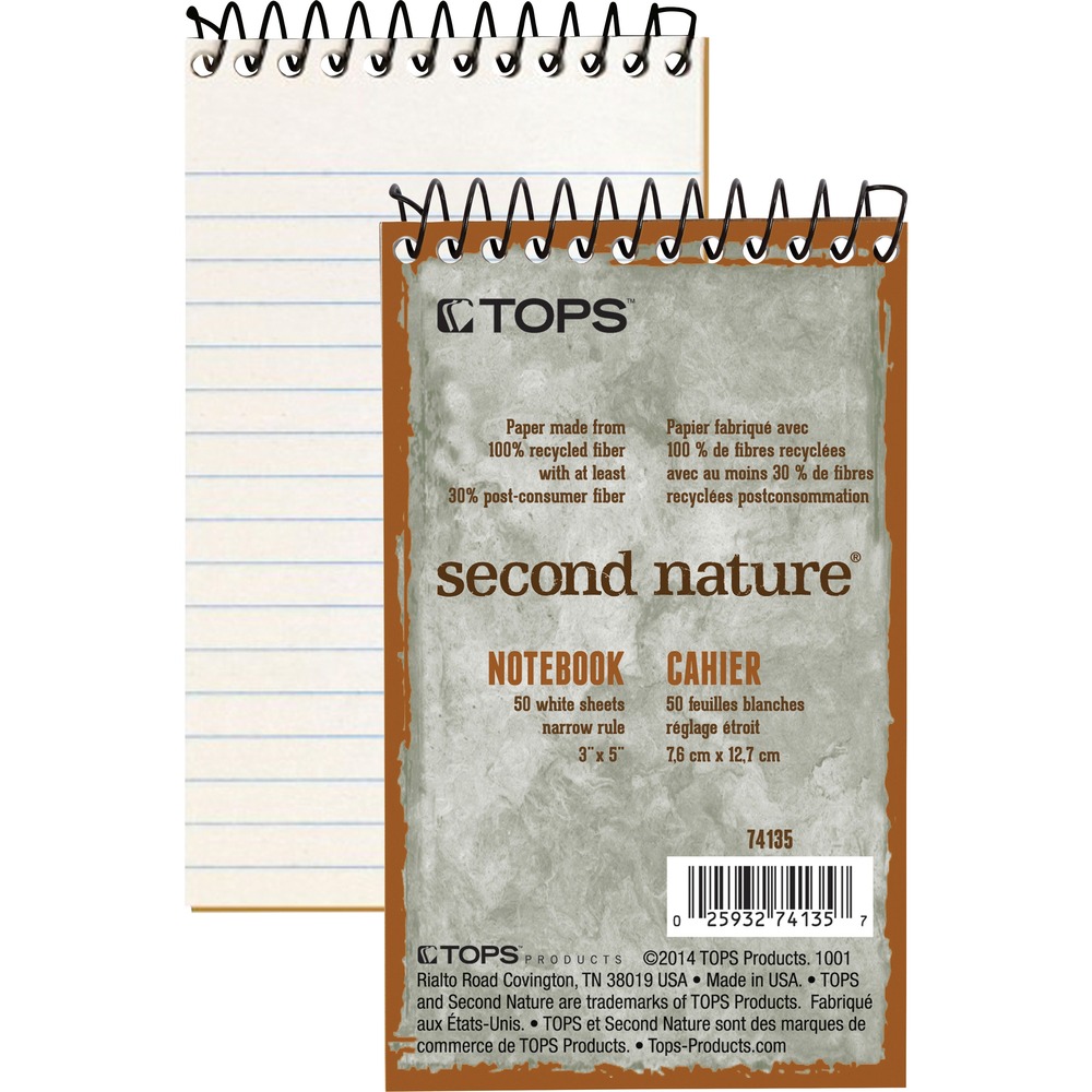 TOPS Second Nature Narrow Ruled Notebooks - 50 Sheets - Spiral - 3" x 5 ...