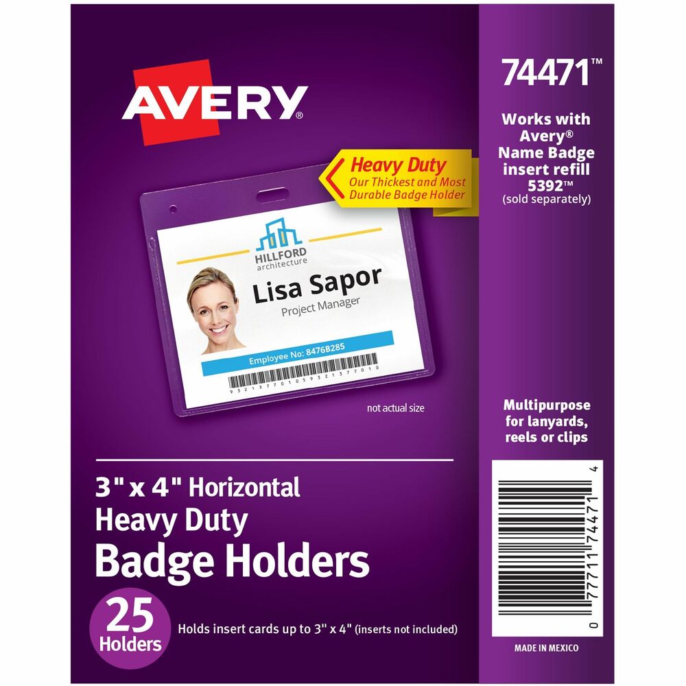 Avery® Heavy-Duty Badge Holders - Support 3" x 4" Media - Landscape ...