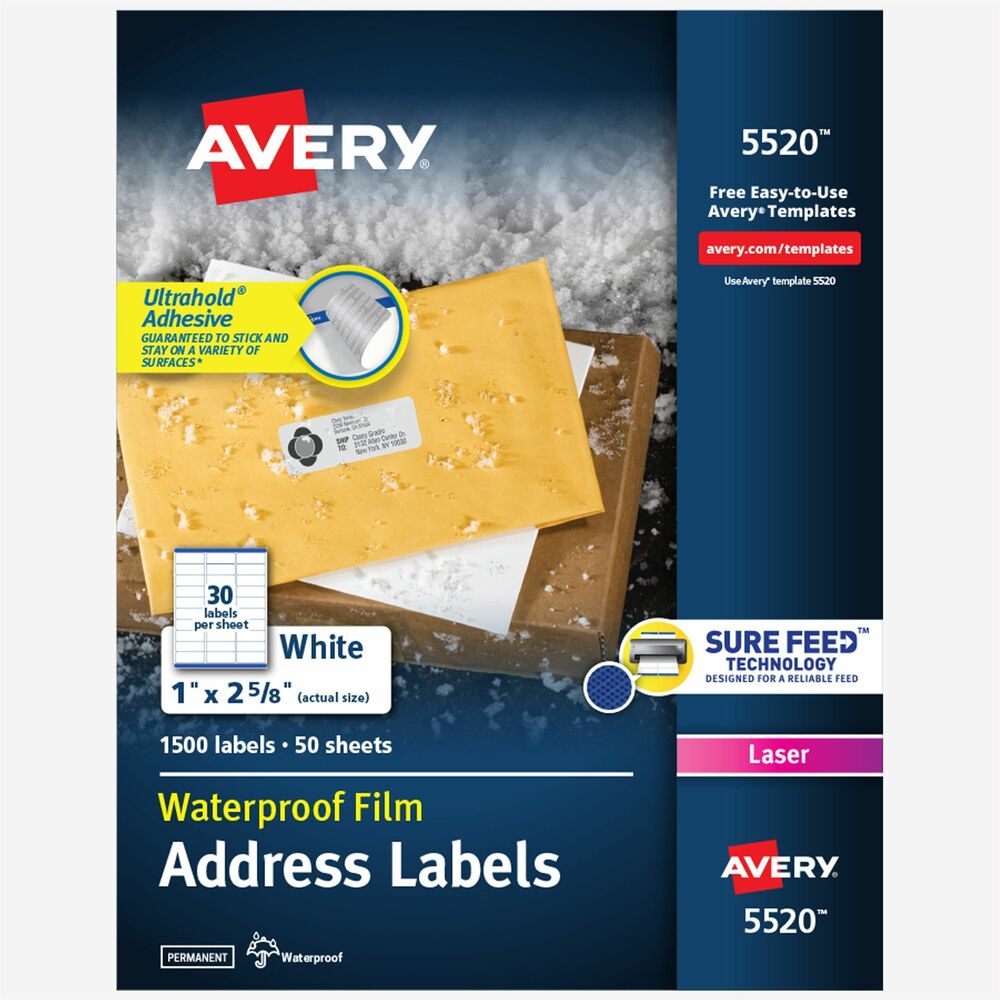 Avery® 1" x 2-5/8" Labels, Ultrahold, 1,500 Labels (5520) - Waterproof ...