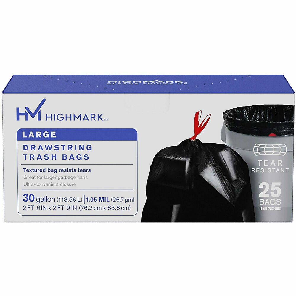 Highmark™ Large Drawstring Trash Bags, 30 Gallon, Black, Box Of 25 - 30 ...