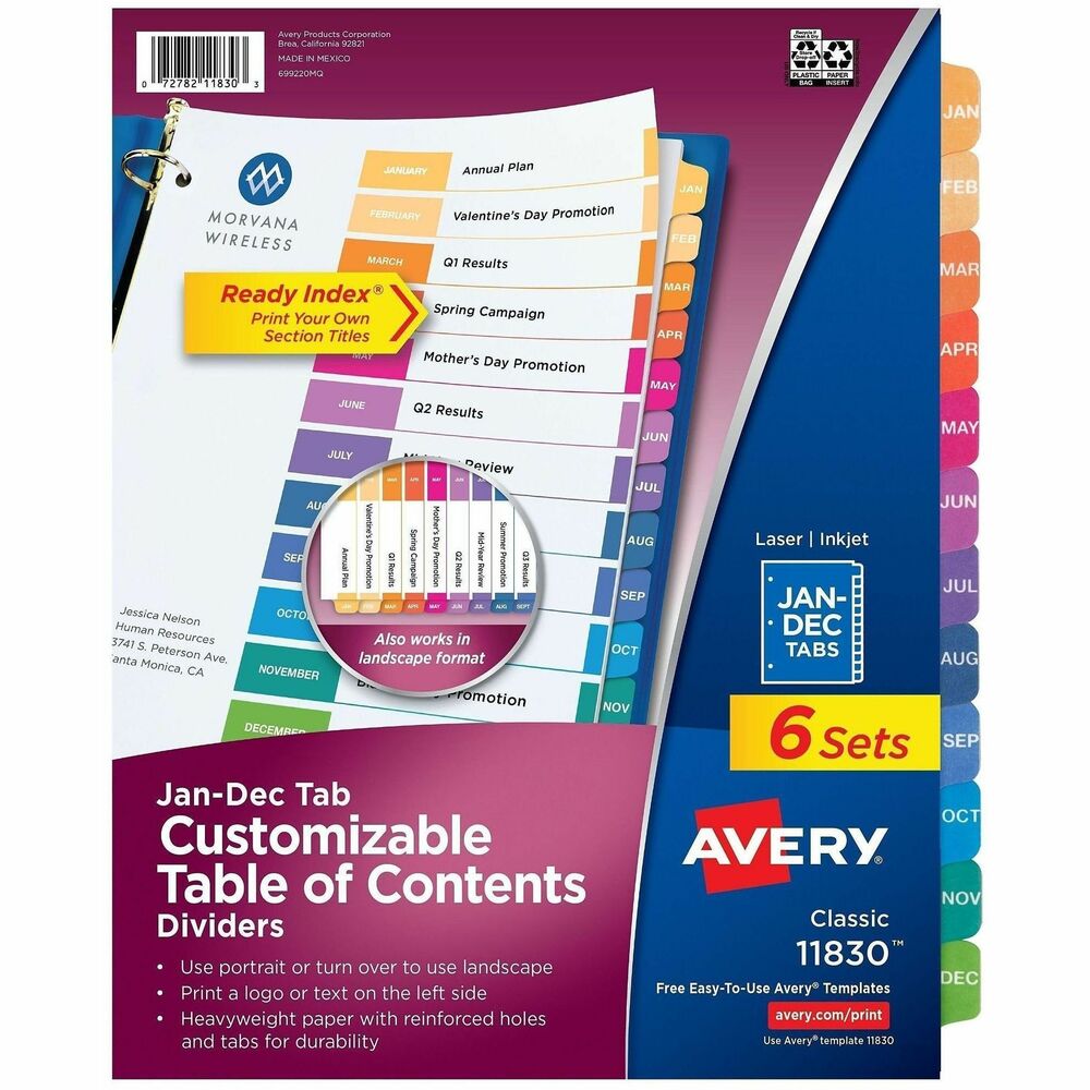 Avery® Ready Index 12 Tab Dividers, Customizable TOC, 6 Sets - 72 x ...