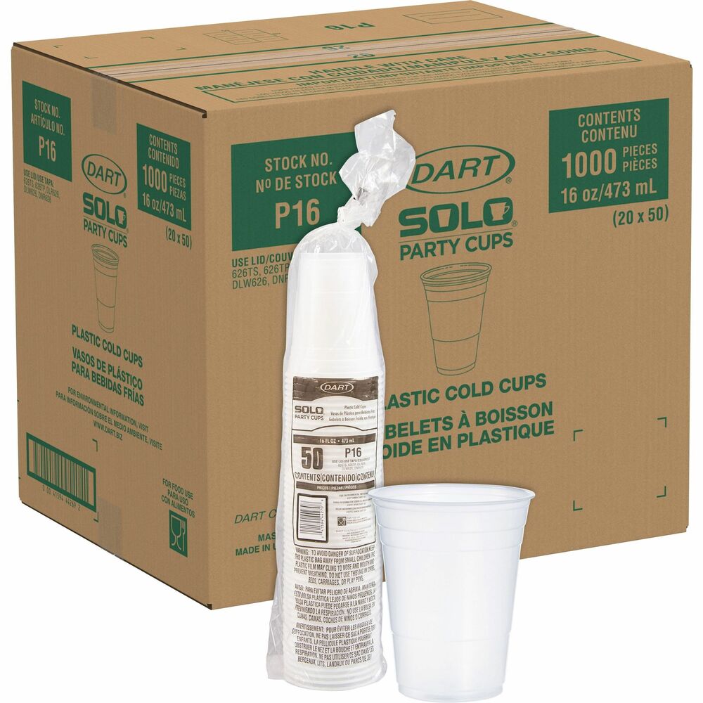 Solo 16 oz Plastic Cold Party Cups - 16 fl oz - Round - Translucent ...