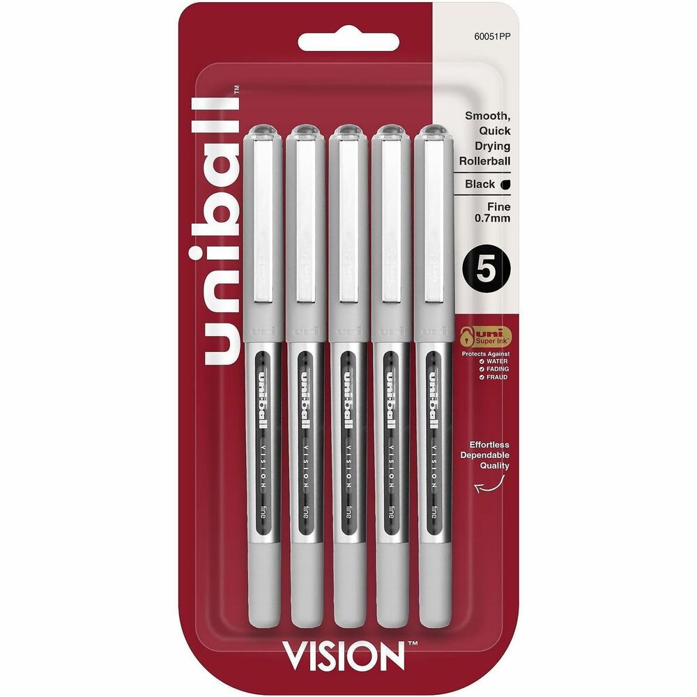 uniball™ Vision Rollerball Pen - 0.7 mm Fine Pen Point - Black Ink - 5 ...