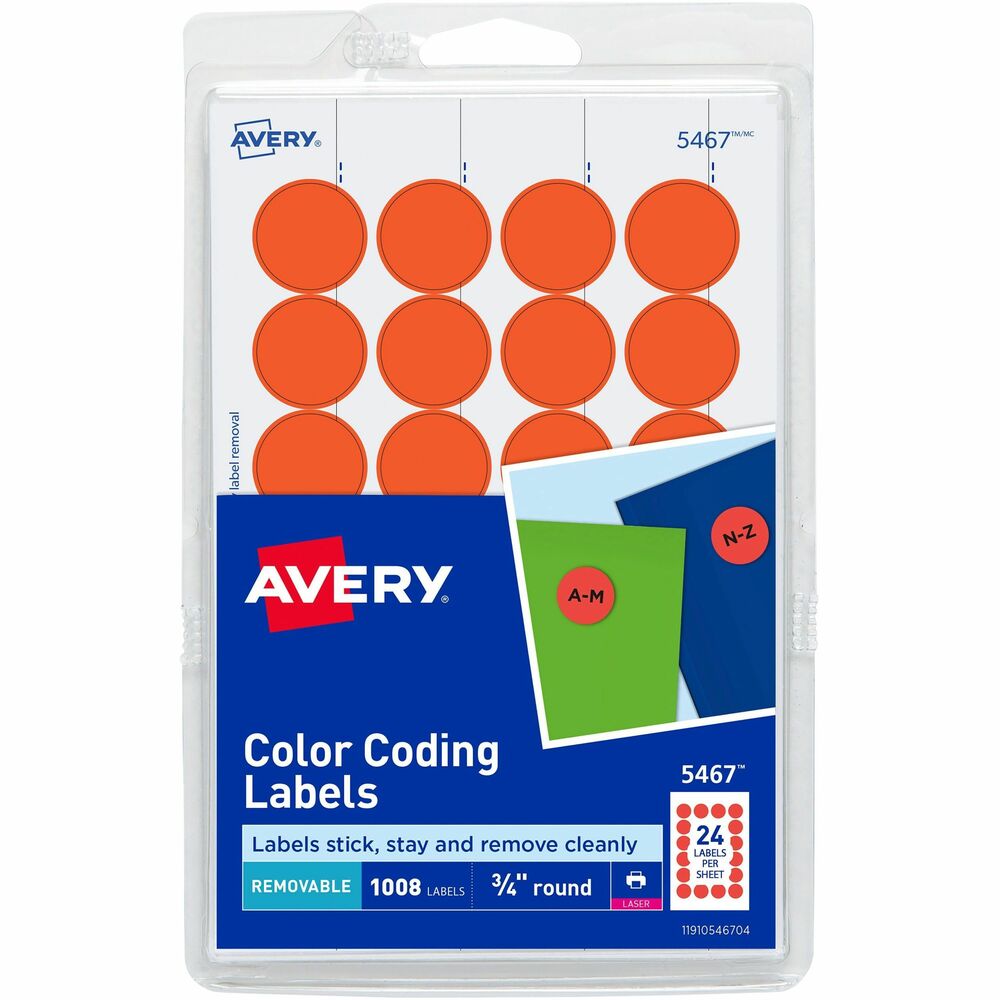 Avery® Color-Coding Labels - 3/4" Diameter - Removable Adhesive - Round - Laser - Neon Red - 24 ...