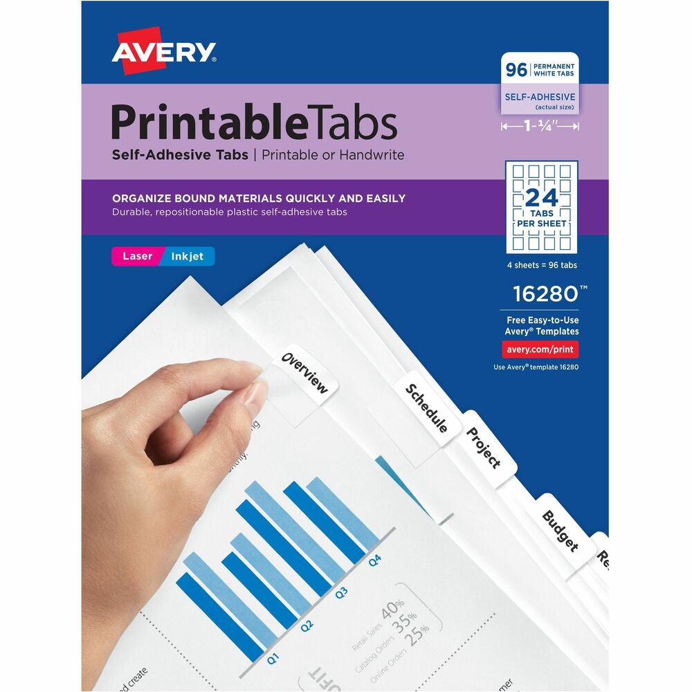 Avery® Printable Repositionable Tabs - 96 Tab(s) - 1.25" Tab Width ...