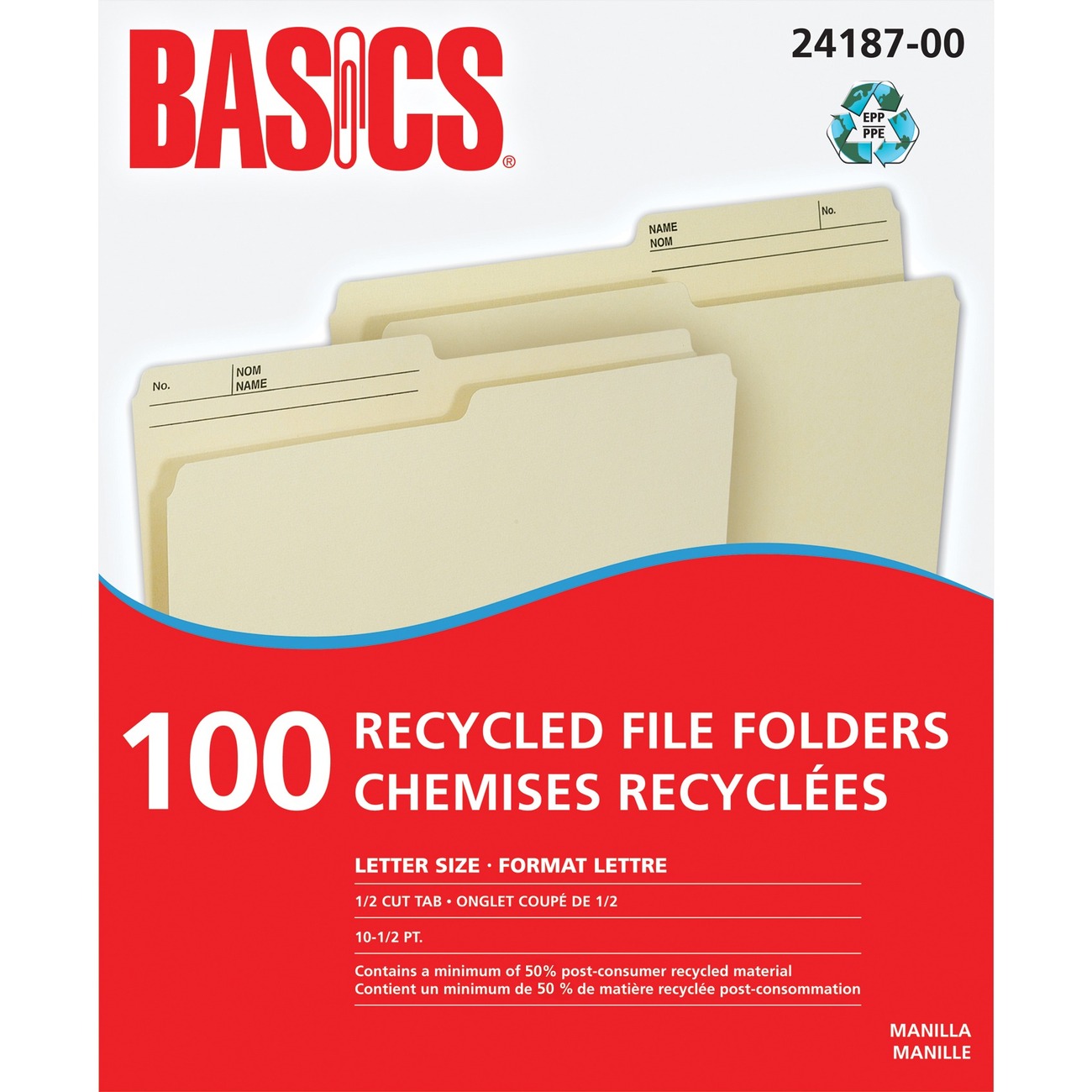 Basics® Recycled Reversible File Folders Letter Manilla 100/box ...