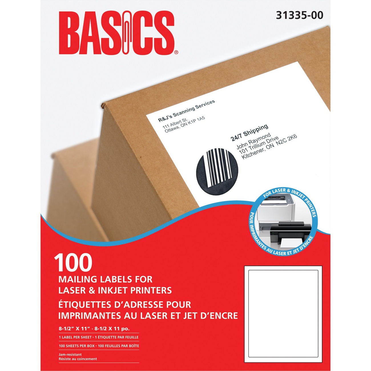 Basics® Mailing Labels for Laser Printers 8-1/2" x 11" White (100 ...