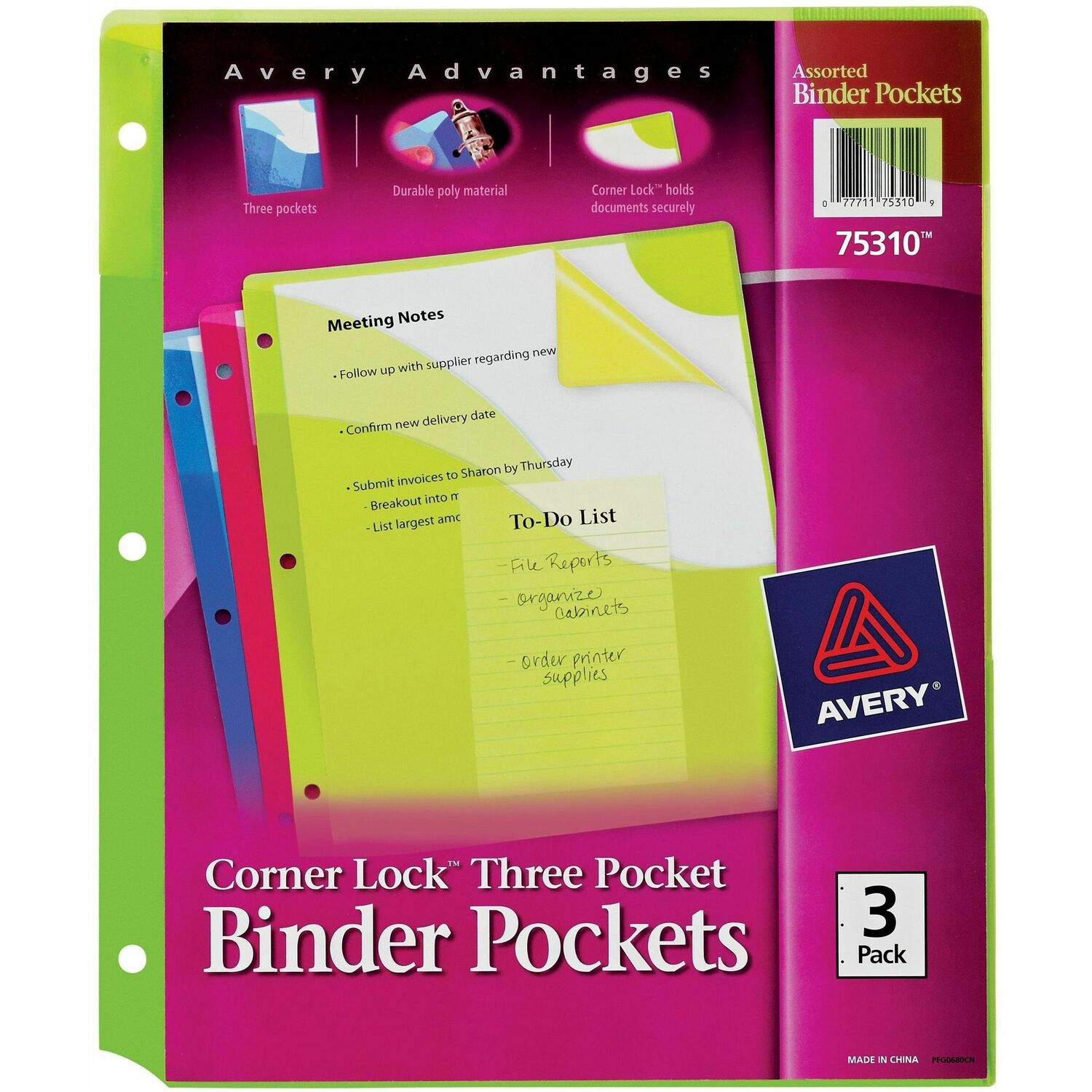 Avery® Corner Lock Binder Pockets, Assorted, 3ct (75310) - Ring Binder ...