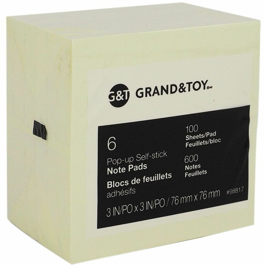 Grand & Toy 3" x 3" Pop-Up Sticky Notes, Yellow, 100 Sheets/Pad, 6 Pads ...