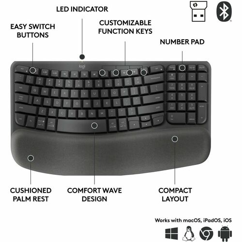 Logitech Wave Keys Wireless Ergonomic Keyboard, USB Interface, Graphite ...