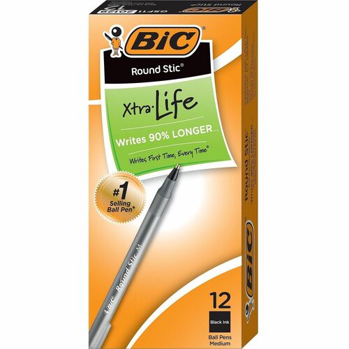 BIC Round Stic Xtra Life Ballpoint Pen, Stick, Medium 1 mm, Black Ink, Smoke Barrel, Dozen - W.B ...