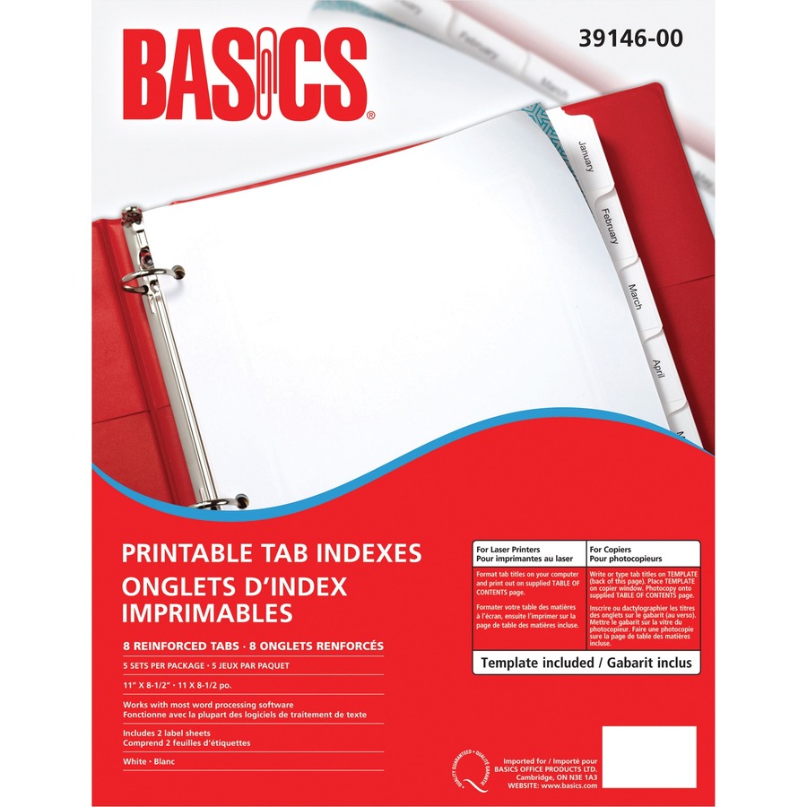 Basics® Printable Tab Indexes Laser 8-Tabs 5 sets/pkg | Corbett Office Plus