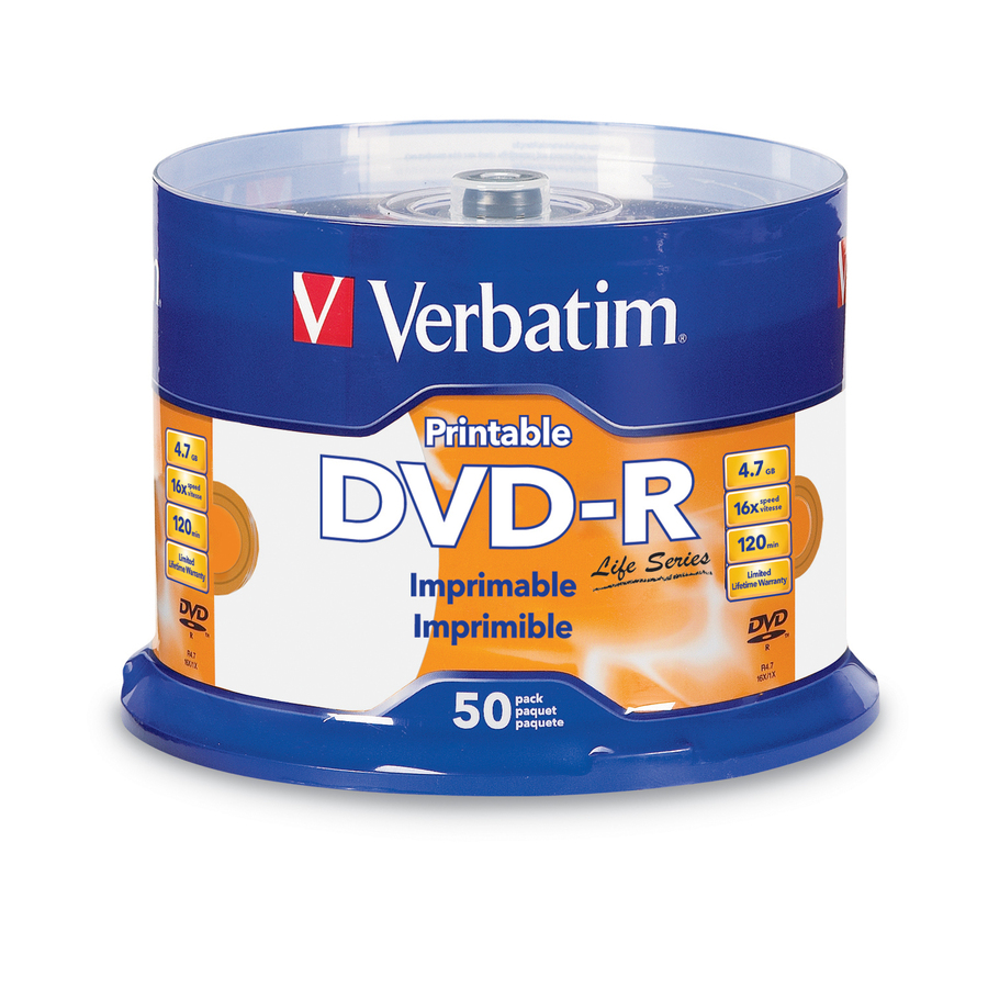 Verbatim DVD-R 4.7GB 16X Life Series White Inkjet Printable, Hub Printable - 50pk Spindle - DVD ...