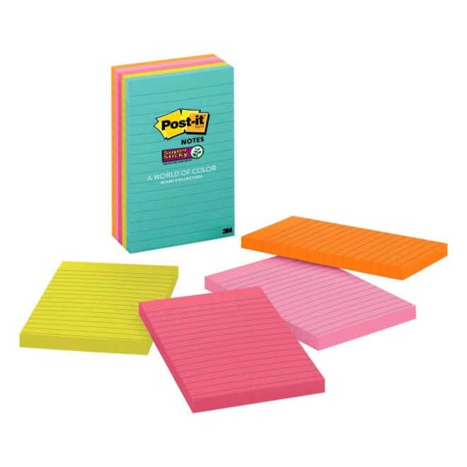 Post-it® Super Sticky Notes, 4" x 6" , Miami Collection, Lined, Pack Of ...