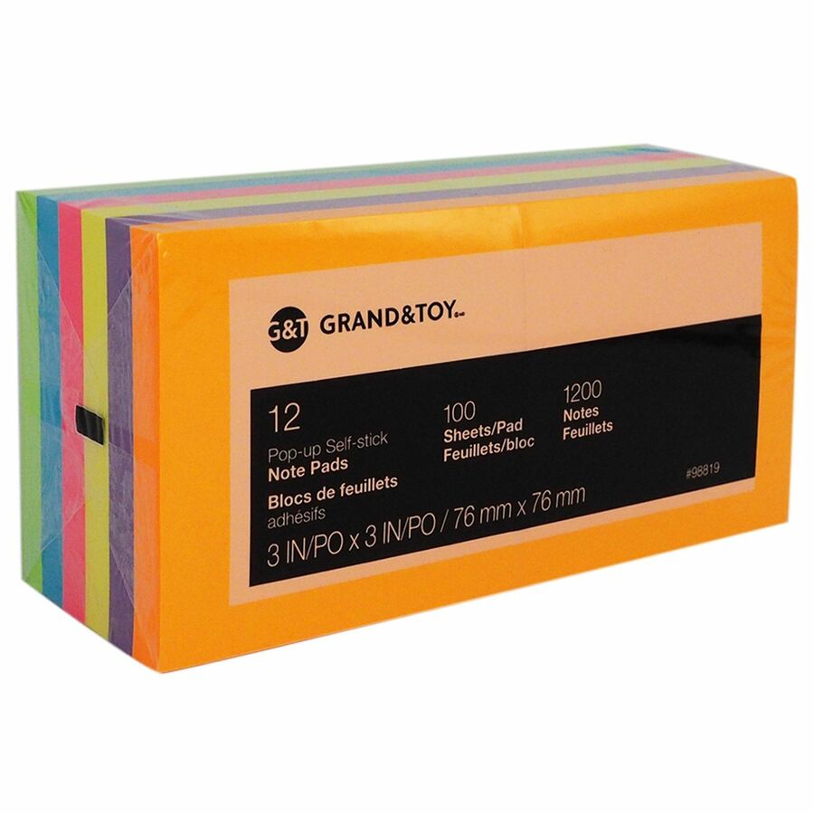 Grand & Toy 3" x 3" Pop-Up Sticky Notes, Assorted Deep Colours, 100 ...