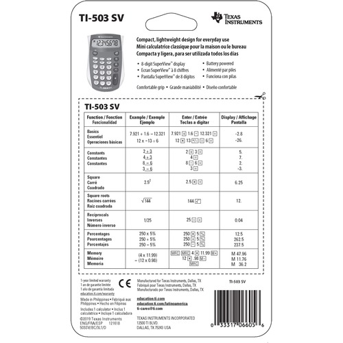 Texas Instruments TI-503SV Pocket Calculator, 8-Digit LCD - W.B. Mason