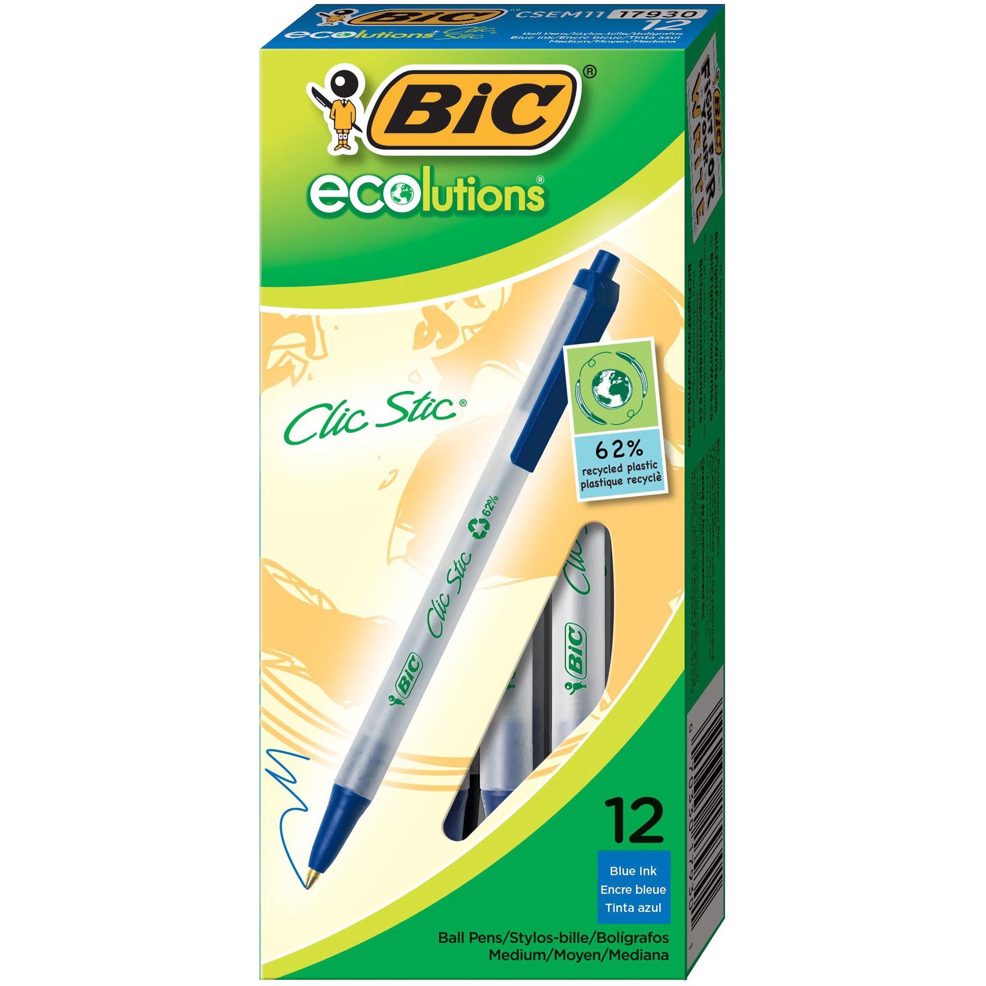 BICCSEM11BE : BIC® Ecolutions Clic Stic Ballpoint Pen, Retractable, Medium 1 Mm, Blue Ink, Clear ...