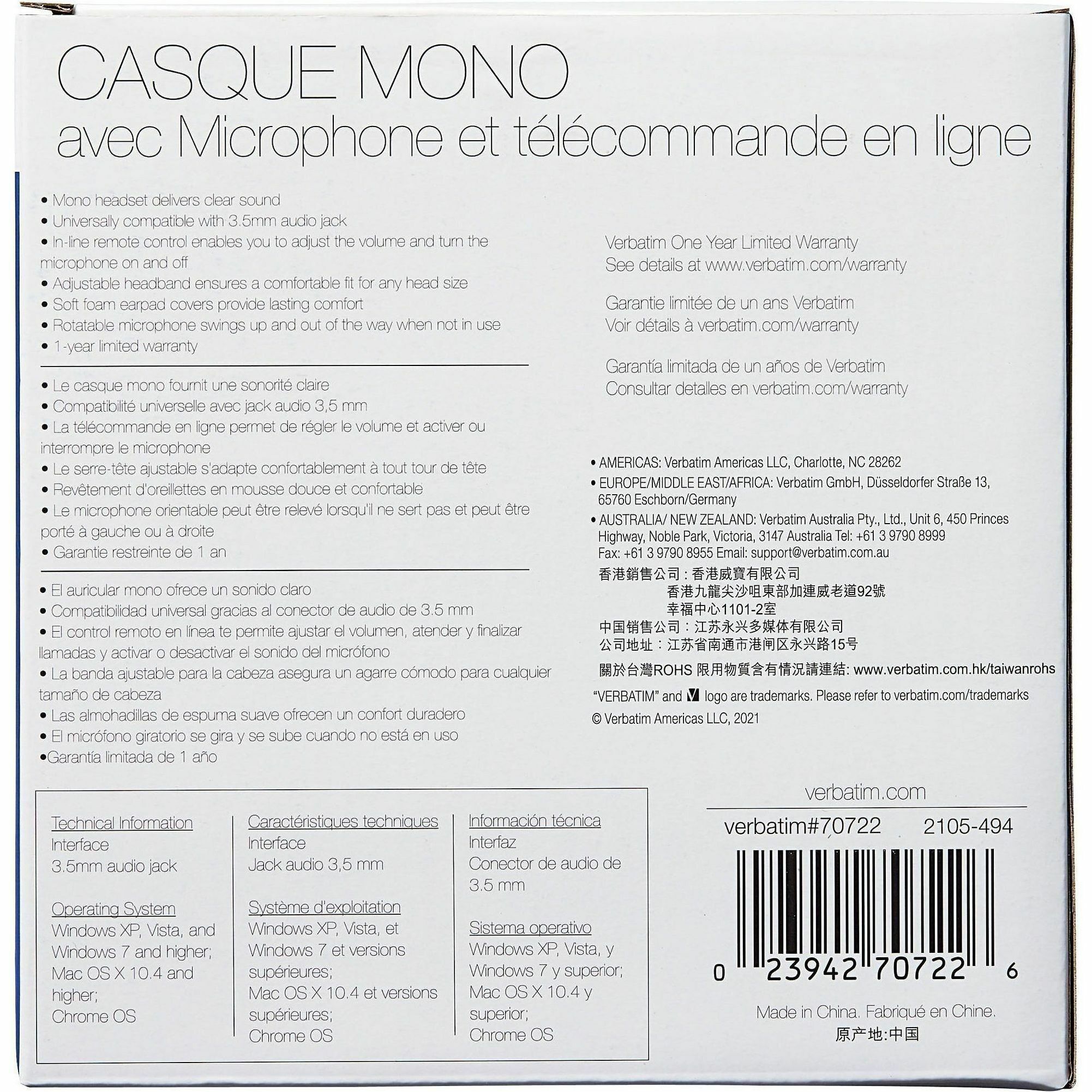 Verbatim Mono Headset with Microphone and In-Line Remote - Mono - Mini ...