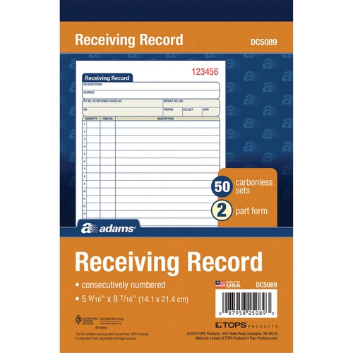 Adams Carbonless Receiving Record Book - 50 Sheet(s) - 2 Part ...