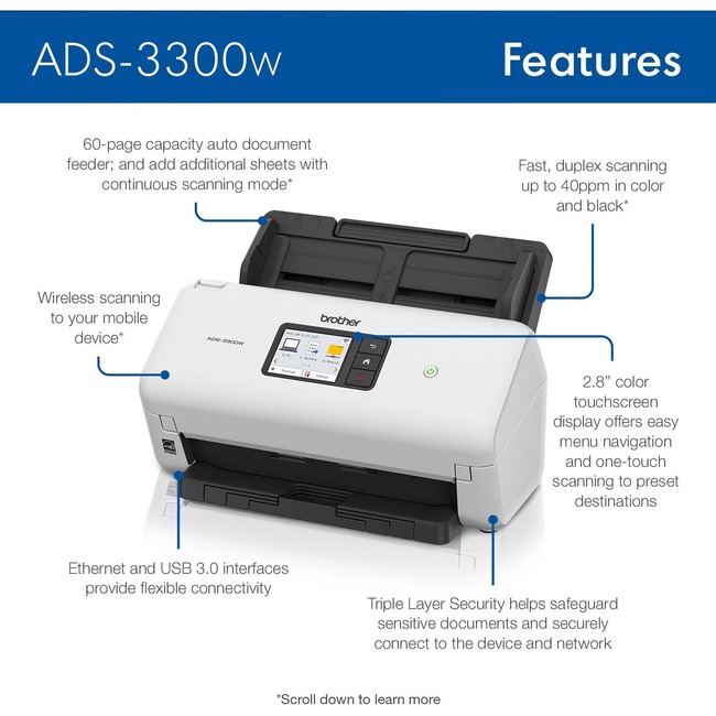 Brother ADS-3300W Sheetfed Scanner - 600 x 600 dpi Optical - 48-bit ...