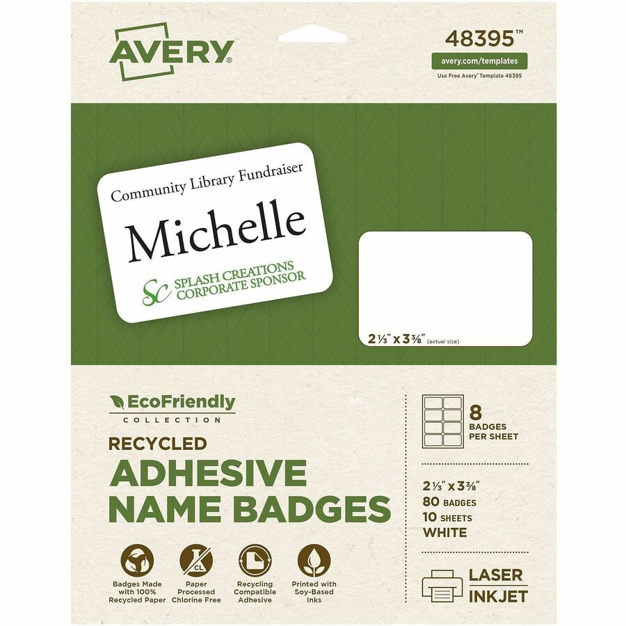Avery® Eco-friendly Premium Name Badge Labels - 2 21/64" AVE48395, AVE ...