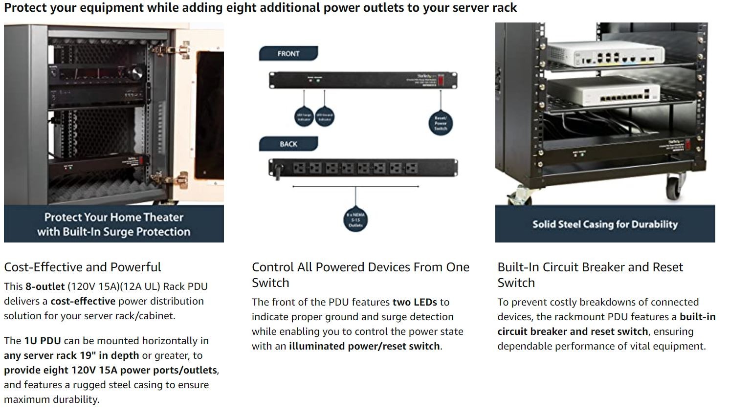 StarTech.com RKPW081915 Rackmount PDU with 8 Outlets and SurgeProtecti ...